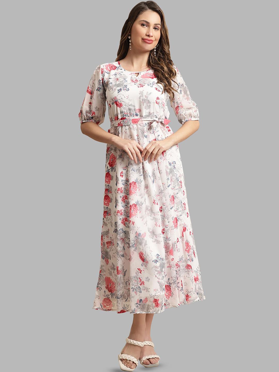 Buy Fabflee Keyhole Neck Floral Printed Puff Sleeve A Line Midi Dress ...
