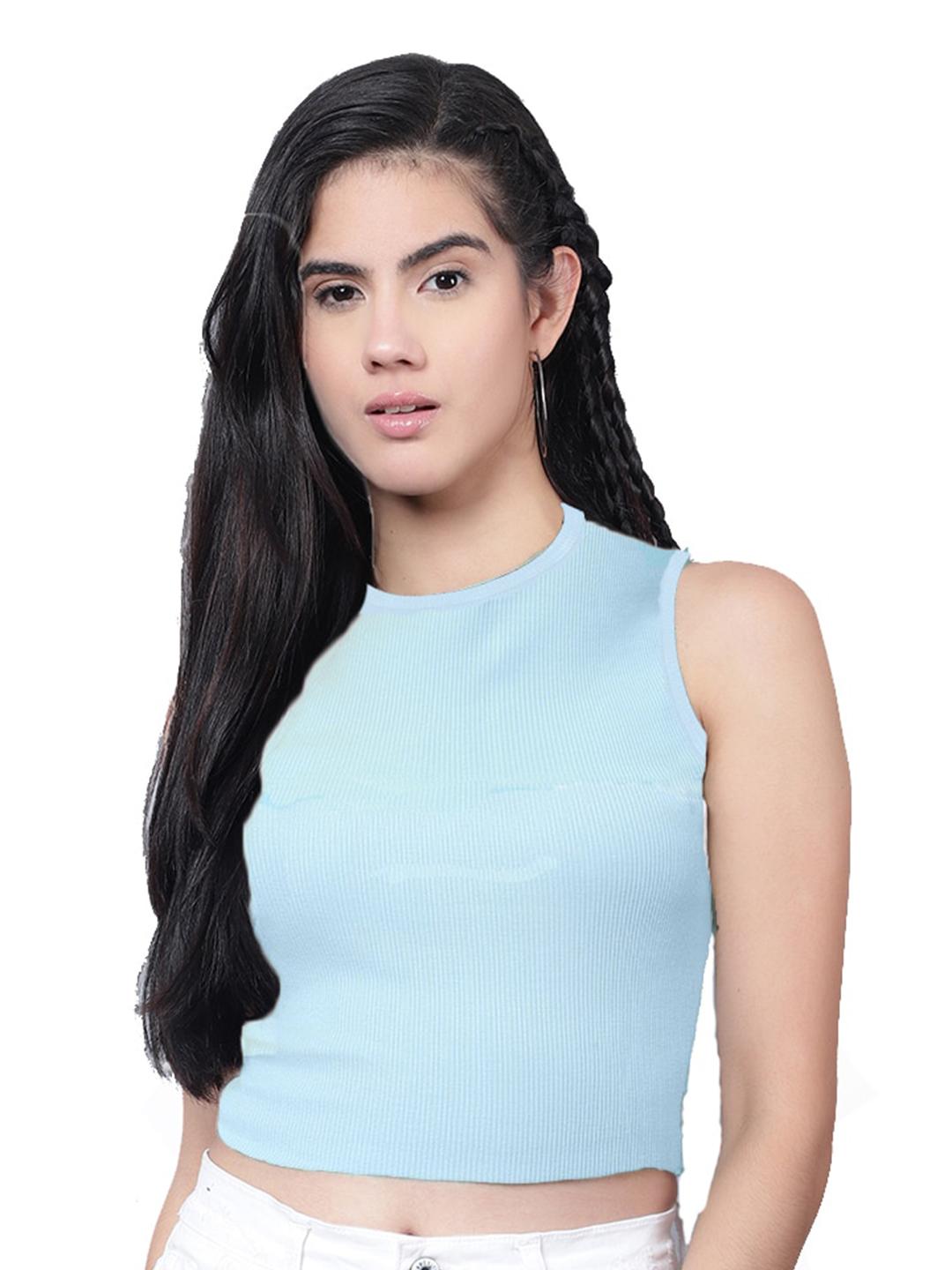 Buy Boleem Ribbed Round Neck Cotton Crop Fitted Top - Tops for Women ...