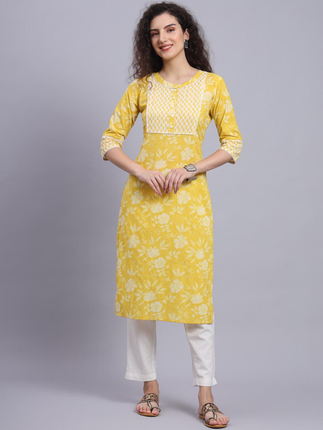 Buy LARGISH Floral Printed Round Neck Three Quarter Sleeve Cotton Kurta ...
