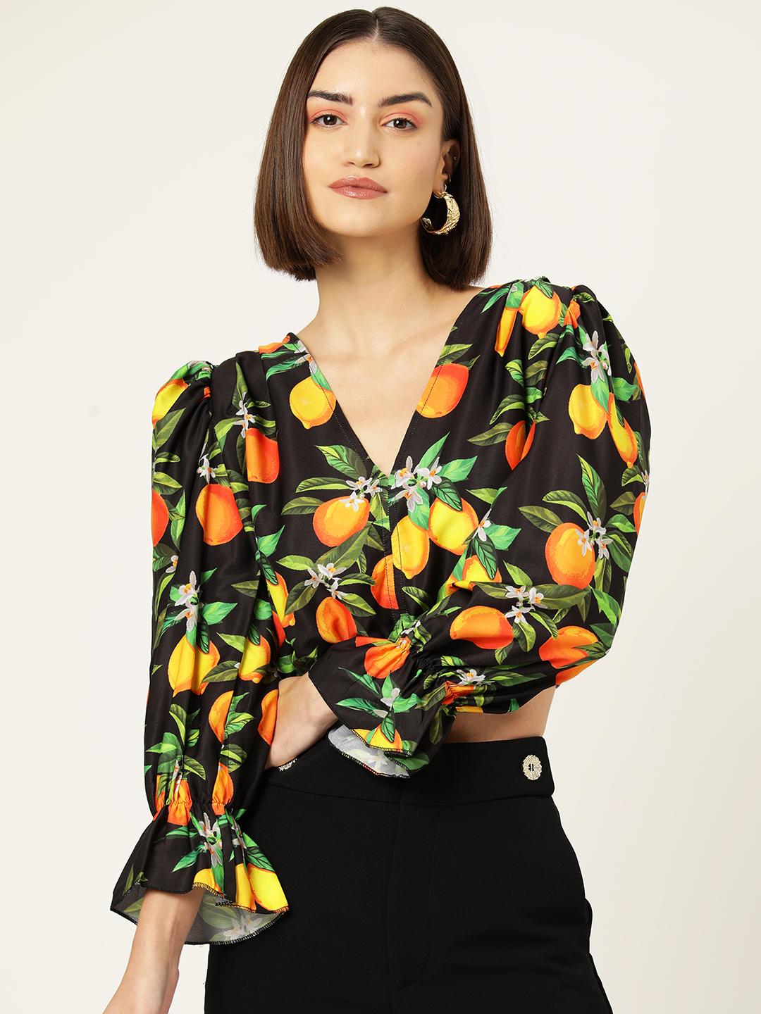 Buy Sleek Italia Floral Print Puff Sleeve Crepe Crop Top - Tops for ...