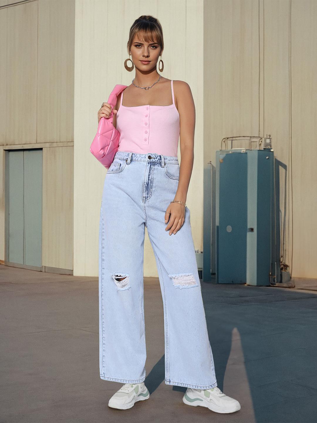 Buy Flying Machine Women Wide Leg High Rise Slash Knee Heavy Fade Jeans ...