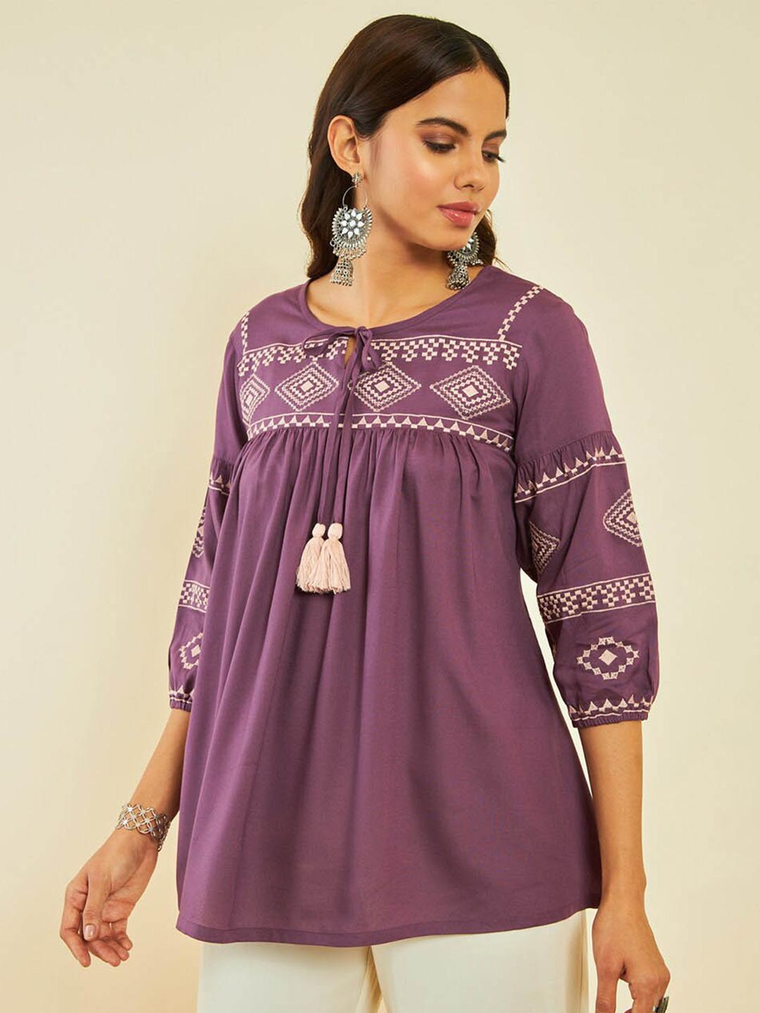 Buy Soch Embroidered Tie Up Neck Cuff Sleeve Pleated Tunic - Tunics for ...