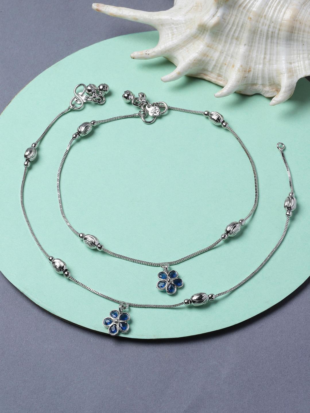 Buy ZENEME Rhodium Plated Artificial Stone Studded Beaded Anklet ...