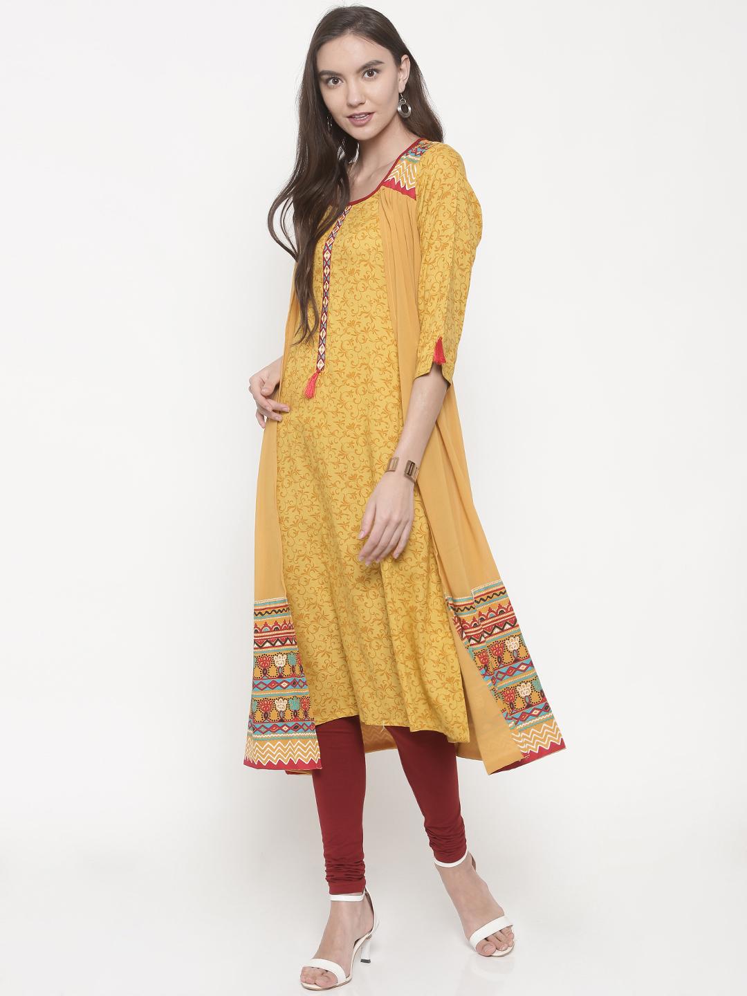 Buy Anahi Women Mustard Yellow Printed A Line Layered Kurta - Kurtas ...