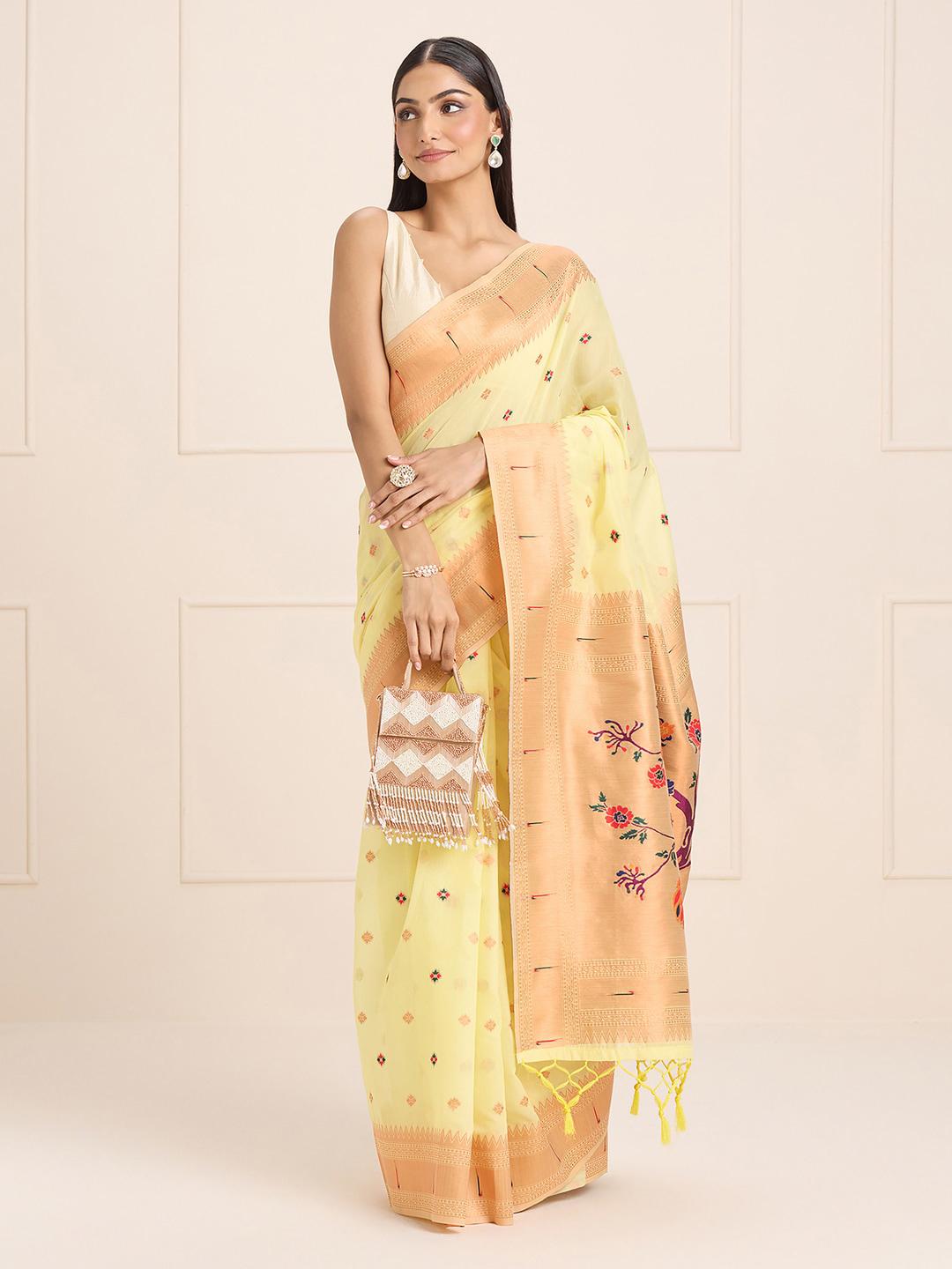 Buy Sangria Yellow Ethnic Motifs Embroidered Woven Design Saree ...