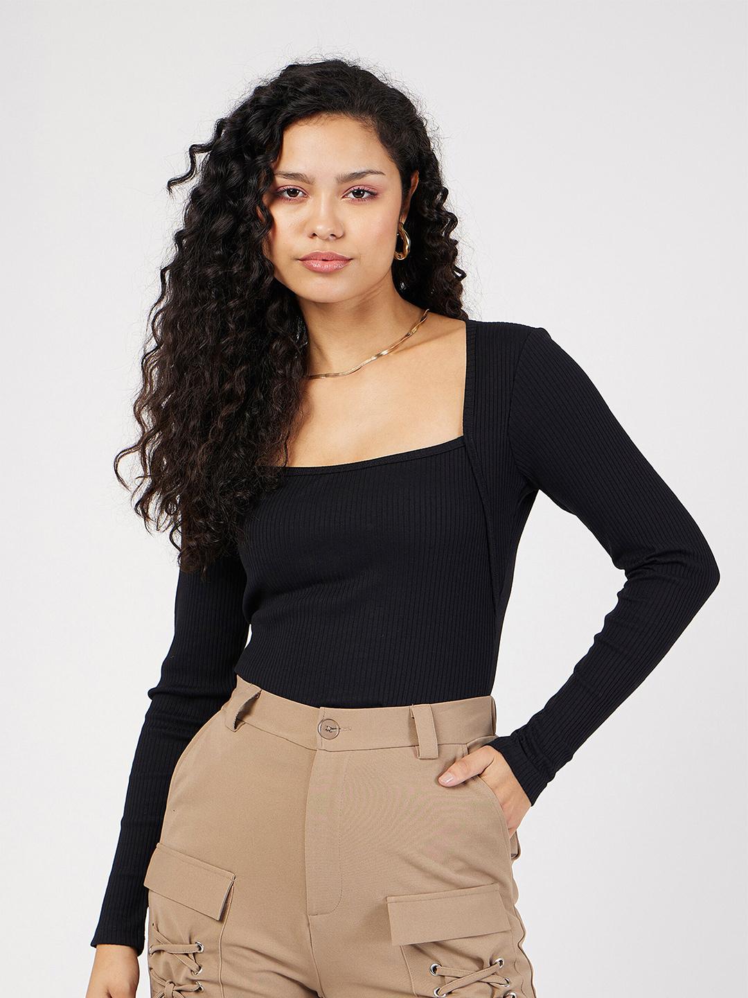 Buy SASSAFRAS Black Ribbed Square Neck Fitted Top - Tops for Women ...