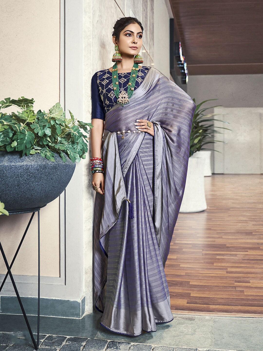 Buy Satrani Striped Beads And Stones Detail Saree - Sarees for Women ...