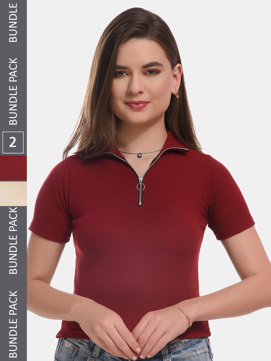 Buy Boleem Pack Of 2 Shirt Collar Cotton Fitted Crop Tops - Tops for ...