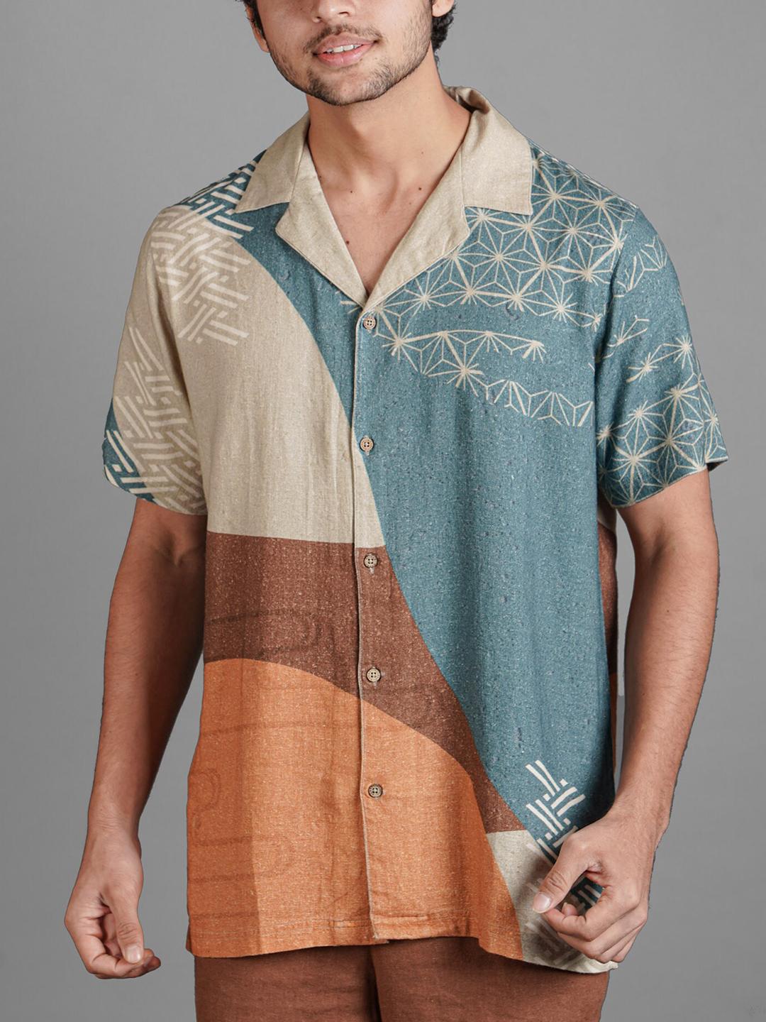 Buy BOMBAY TROOPER Classic Colourblocked Cuban Collar Linen Casual ...