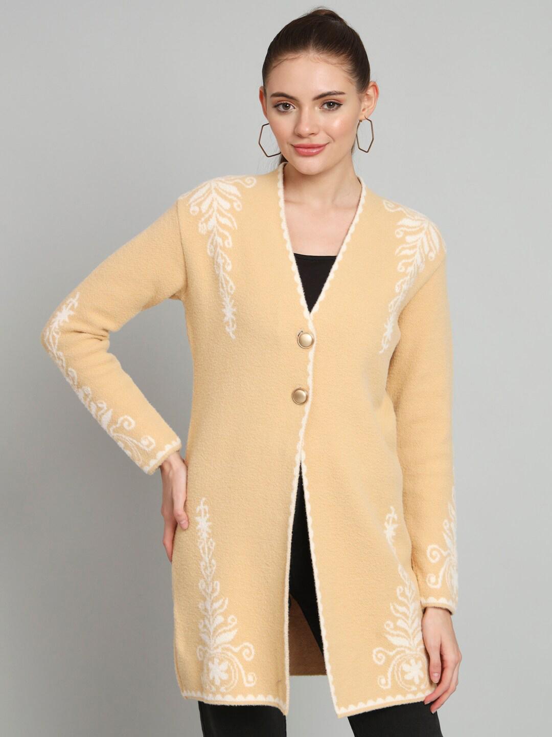 Buy BROOWL Floral Self Design Woollen Button Longline Shrug - Shrug for ...