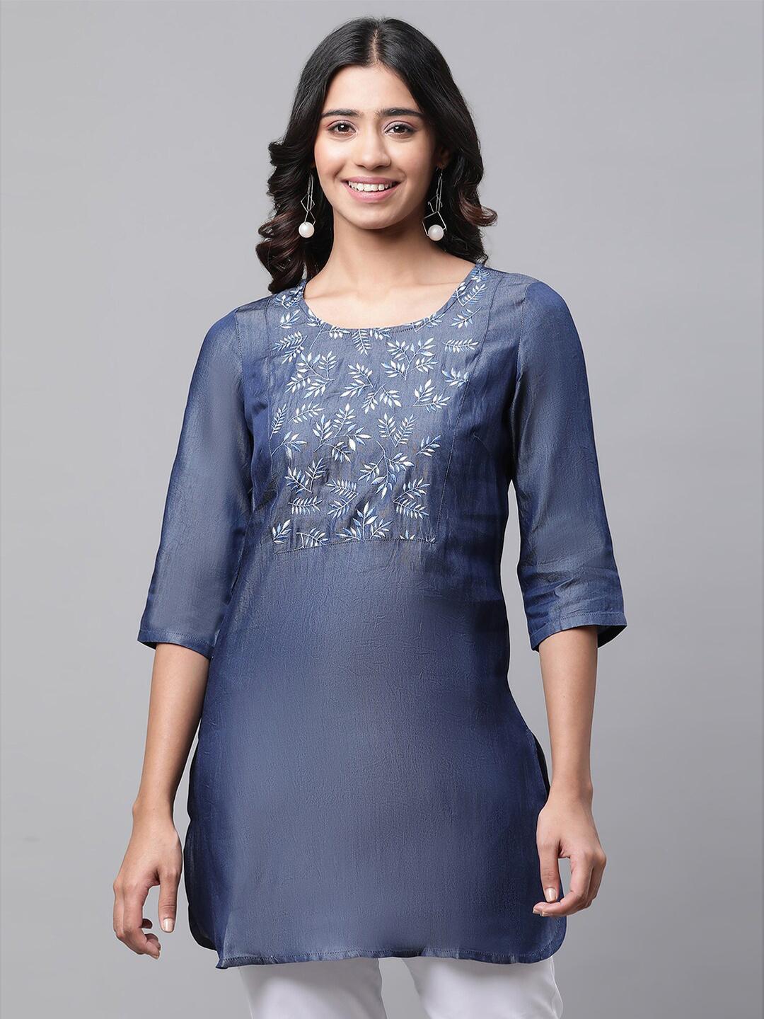 Buy AURELIA Floral Embroidered Round Neck Pure Cotton Straight Kurti ...