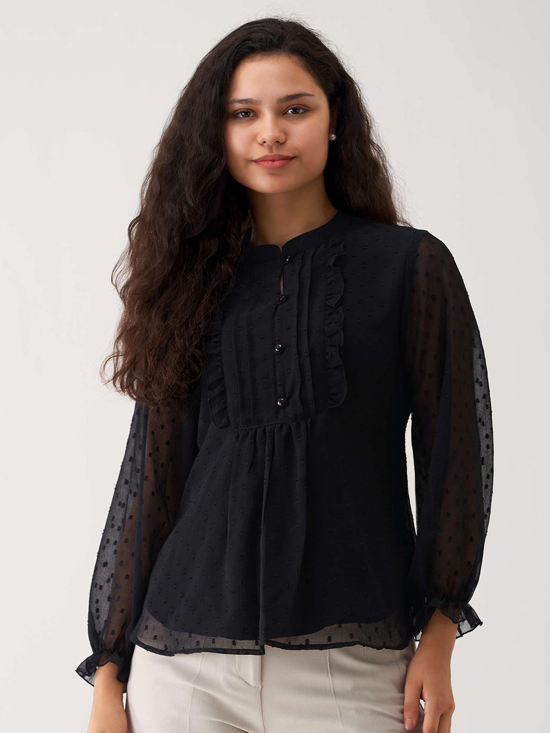 Buy AASK Self Design Mandarin Collar Ruffle Detail Crepe Top - Tops for ...
