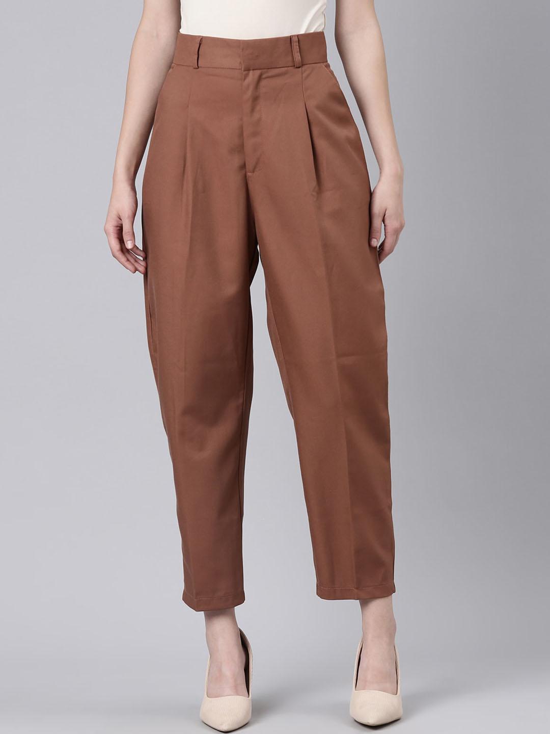 Buy SHOWOFF Women Copper Toned Mom Fit Pleated Trousers - Trousers for ...