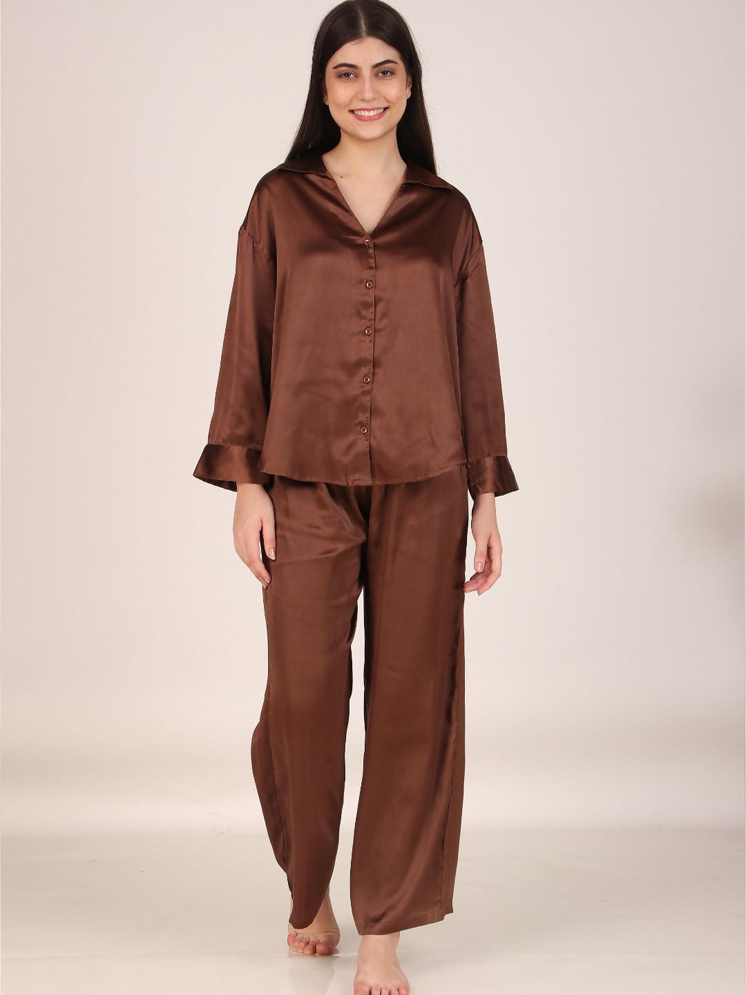Buy Masha Women Solid Brown Oversized Satin Night Suit - Night Suits ...