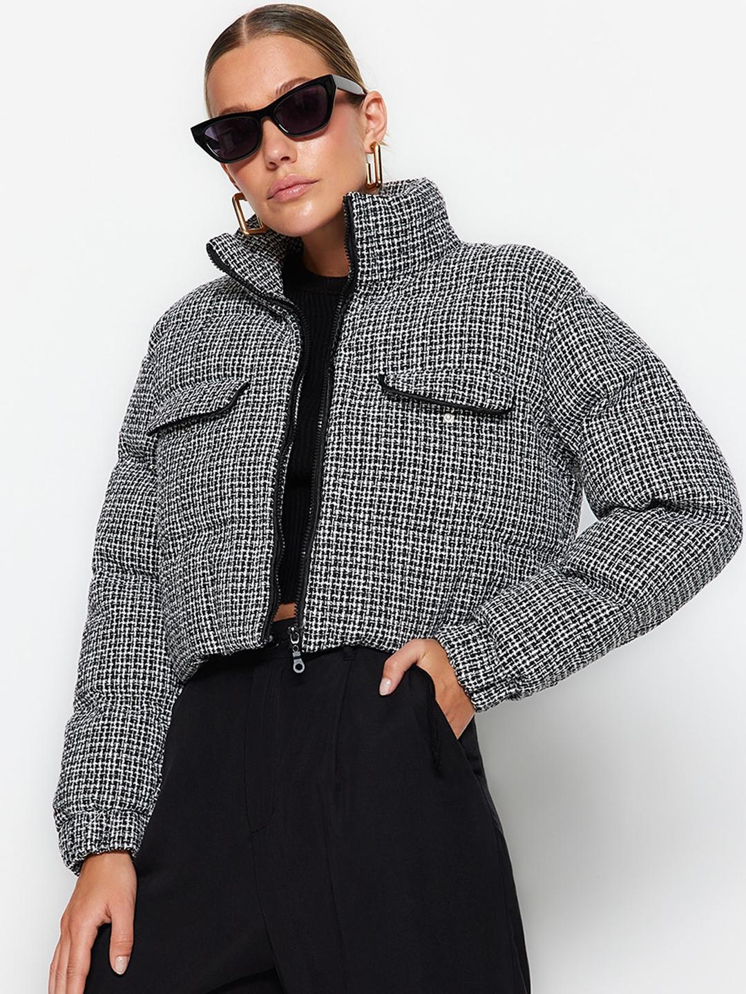 Buy Trendyol Checked Mock Collar Open Front Crop Jacket - Jackets for ...