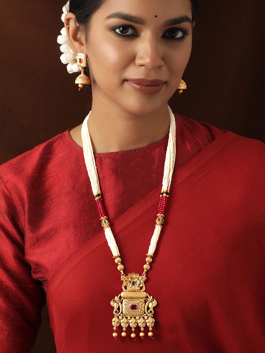 Buy Rubans 22k Gold Plated Beaded Floral Motif Jewellery Set ...