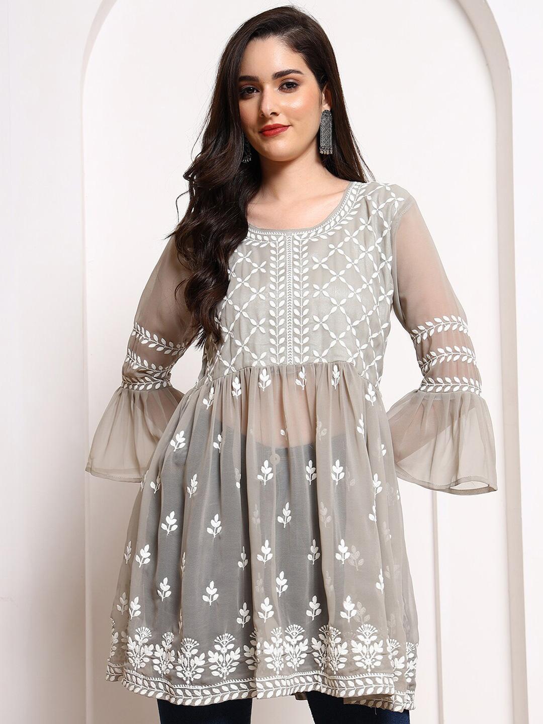 Buy HERE&NOW Embroidered A Line Round Neck Bell Sleeve Short Kurti ...