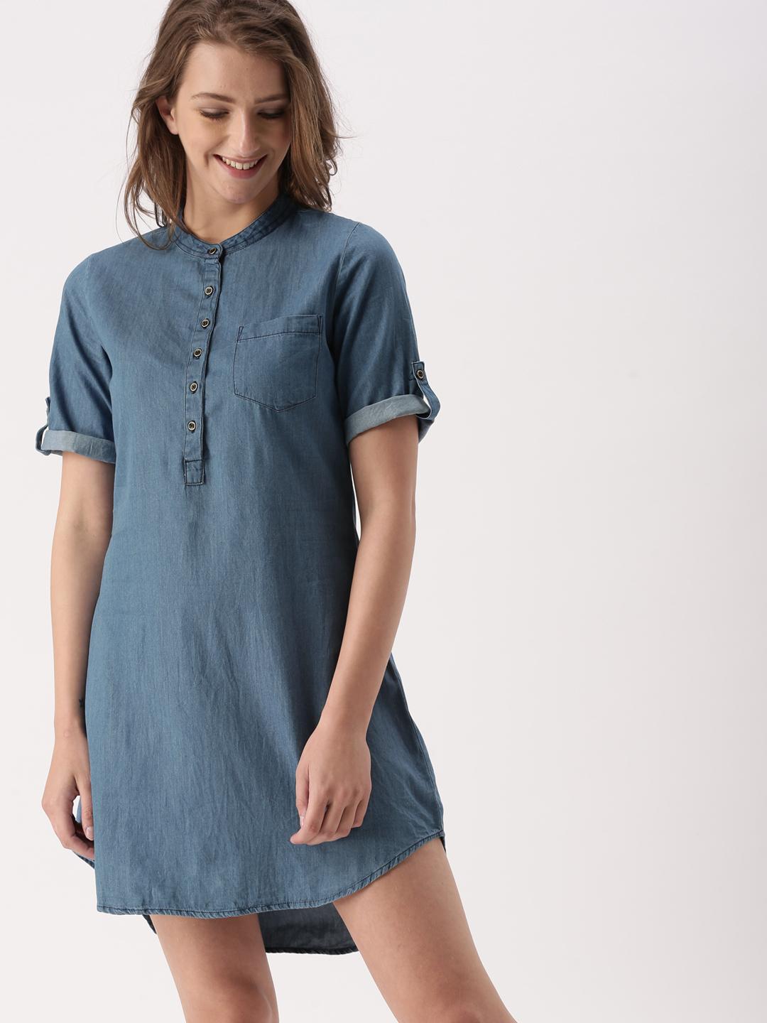 Buy DressBerry Women Blue Solid Chambray Shirt Style Dress - Dresses ...