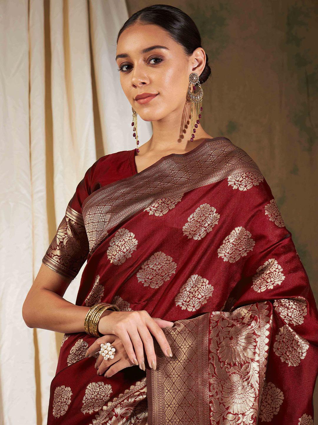 Buy Sangria Maroon Ethnic Motifs Woven Design Zari Banarasi Saree ...