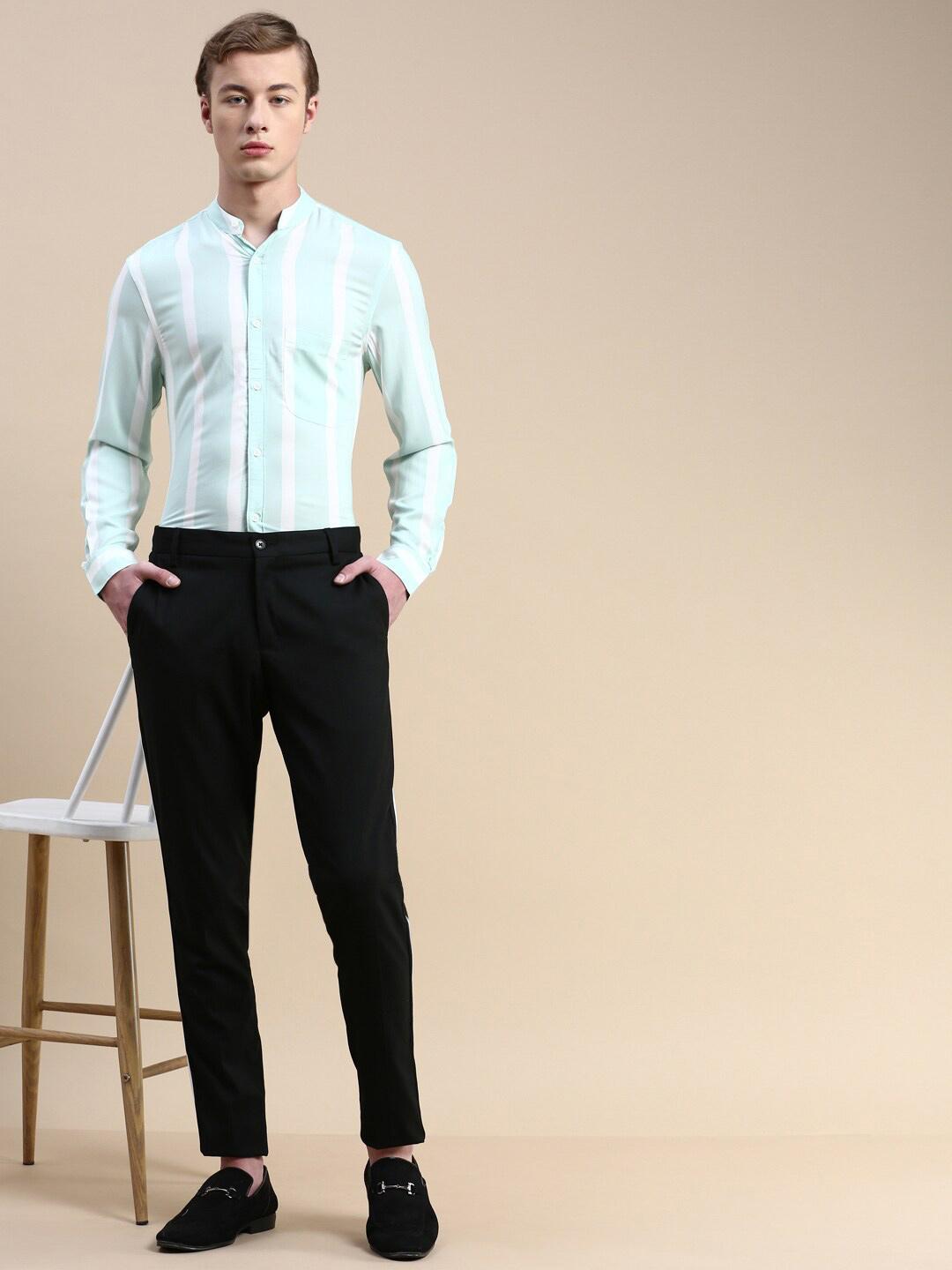 Buy INVICTUS Standard Slim Fit Band Collar Chambray Cotton Formal Shirt ...