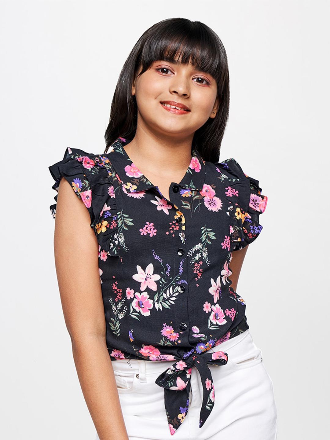 Buy AND Girls Floral Printed Shirt Collar Flutter Sleeves Shirt Style ...