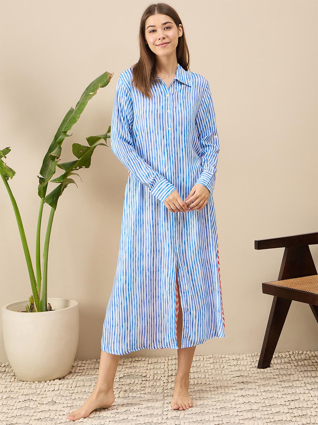 Buy July Striped Shirt Style Night Dress - Nightdress for Women ...
