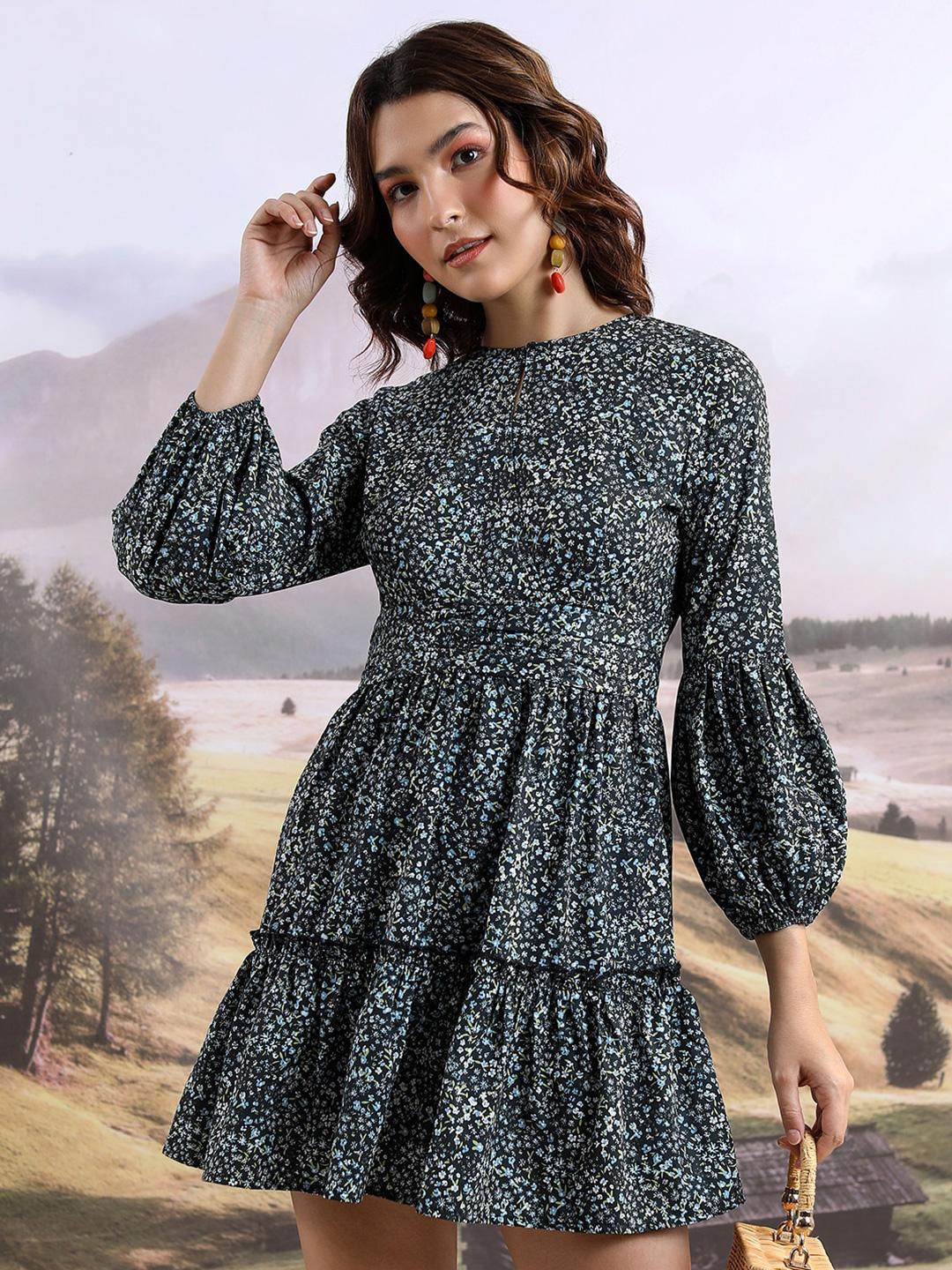 Buy Tokyo Talkies Black Floral Printed Round Neck Puff Sleeve Gathered ...