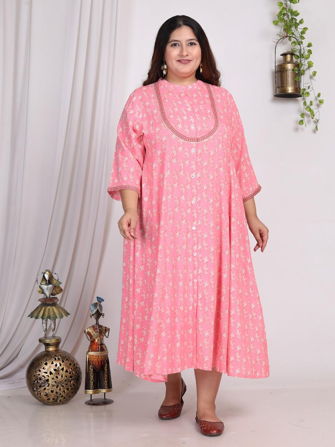 Buy Swasti Plus Size Floral Print Mandarin Collar Midi A Line Dress ...