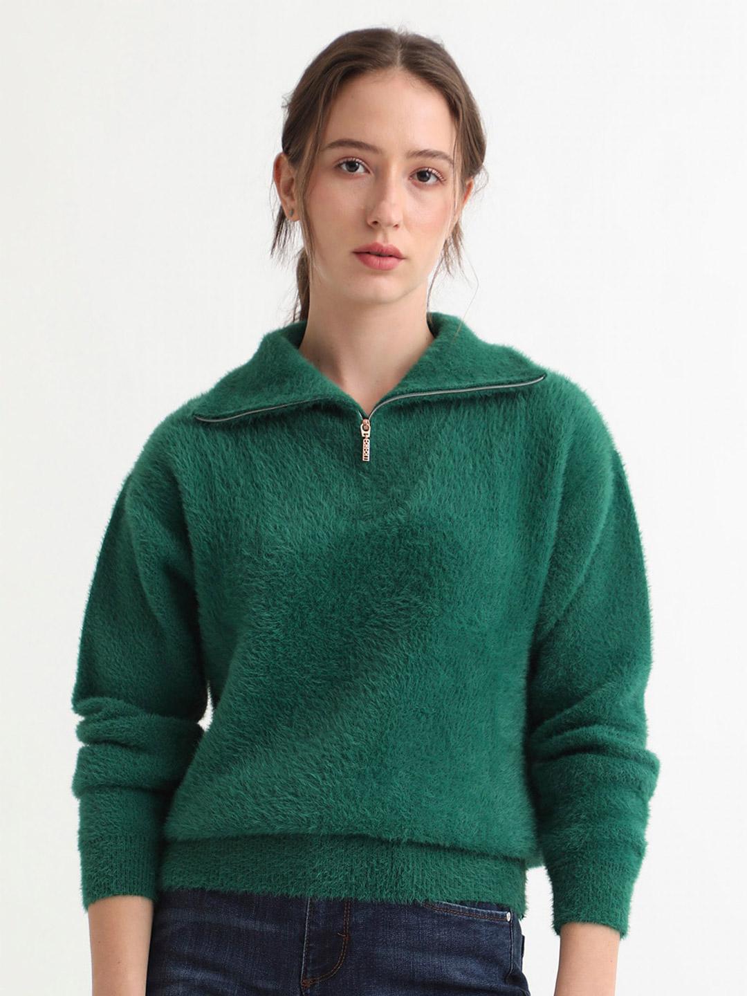 Buy RAREISM Spread Collar Fuzzy Cotton Pullover - Sweaters for Women ...