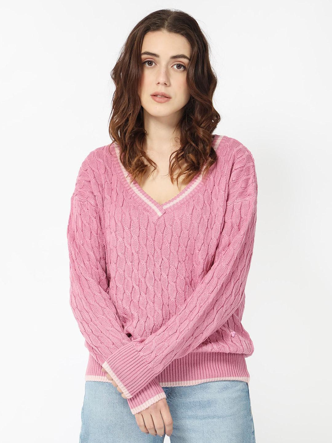 Buy RAREISM Cable Knit V Neck Cotton Pullover - Sweaters for Women ...