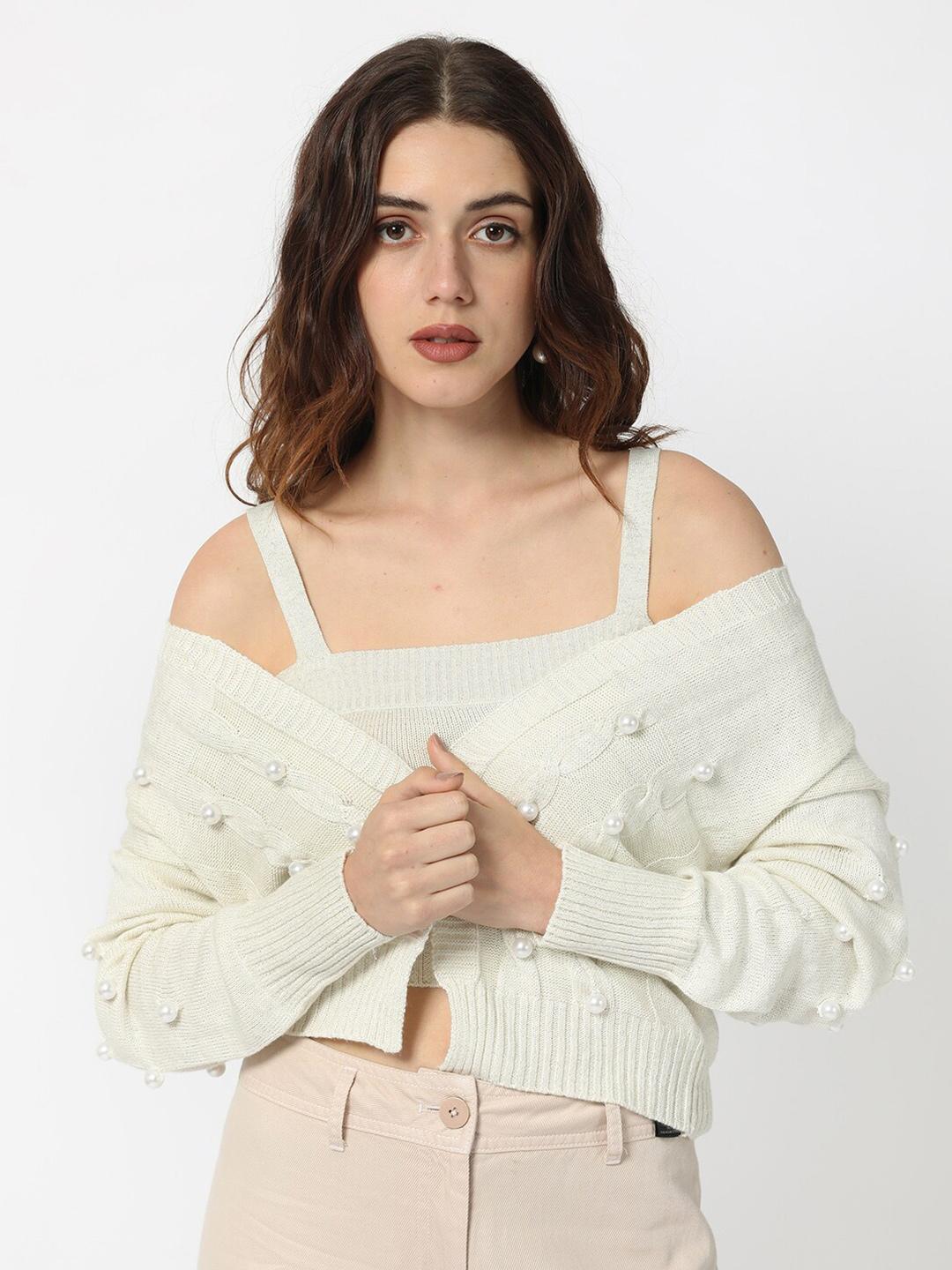Buy RAREISM Cable Knit Self Design With Embellished Detail Front Open ...