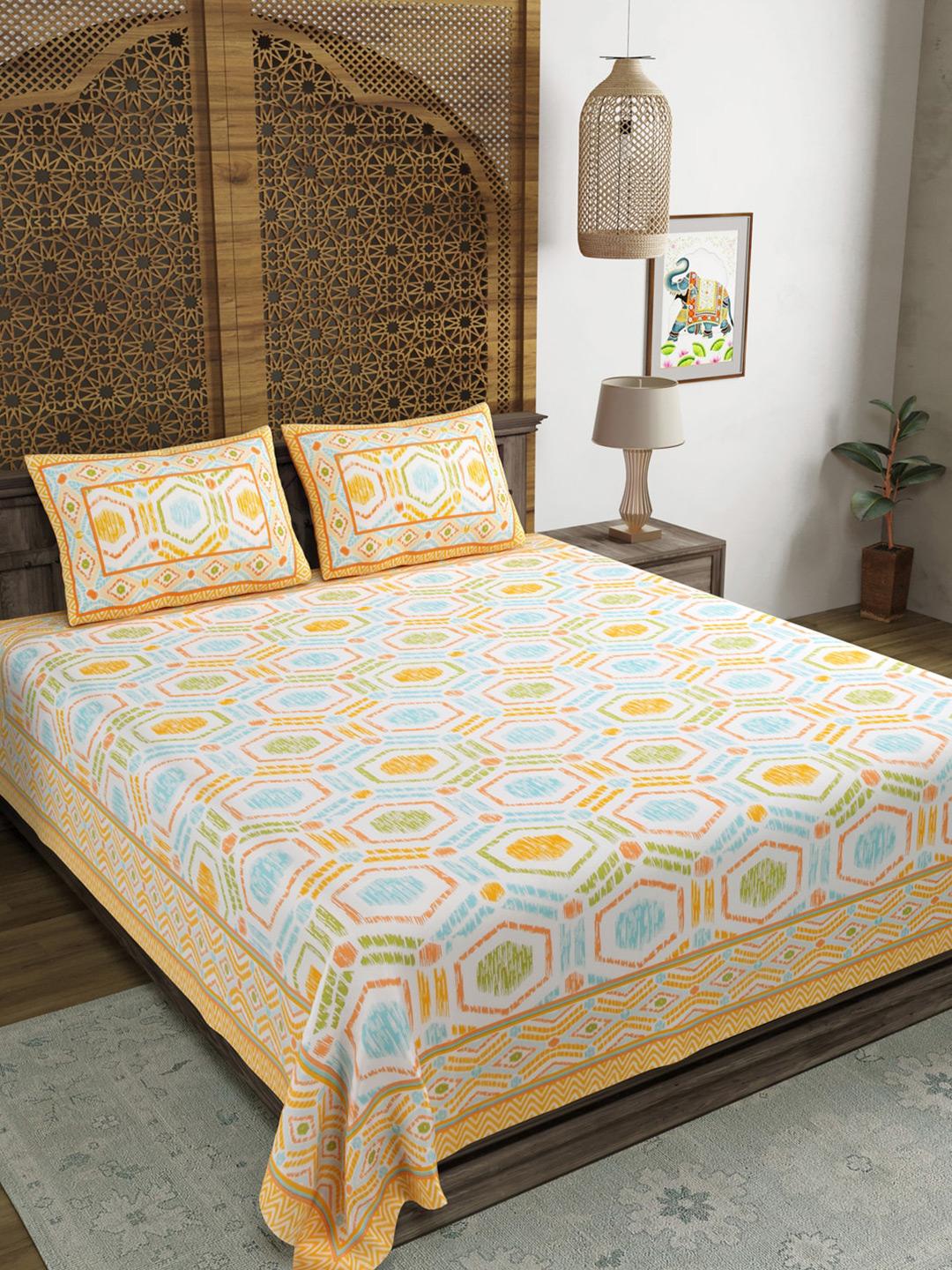 Buy BLOCKS OF INDIA Yellow Geometric Cotton 210 TC King Fine Bedsheet ...