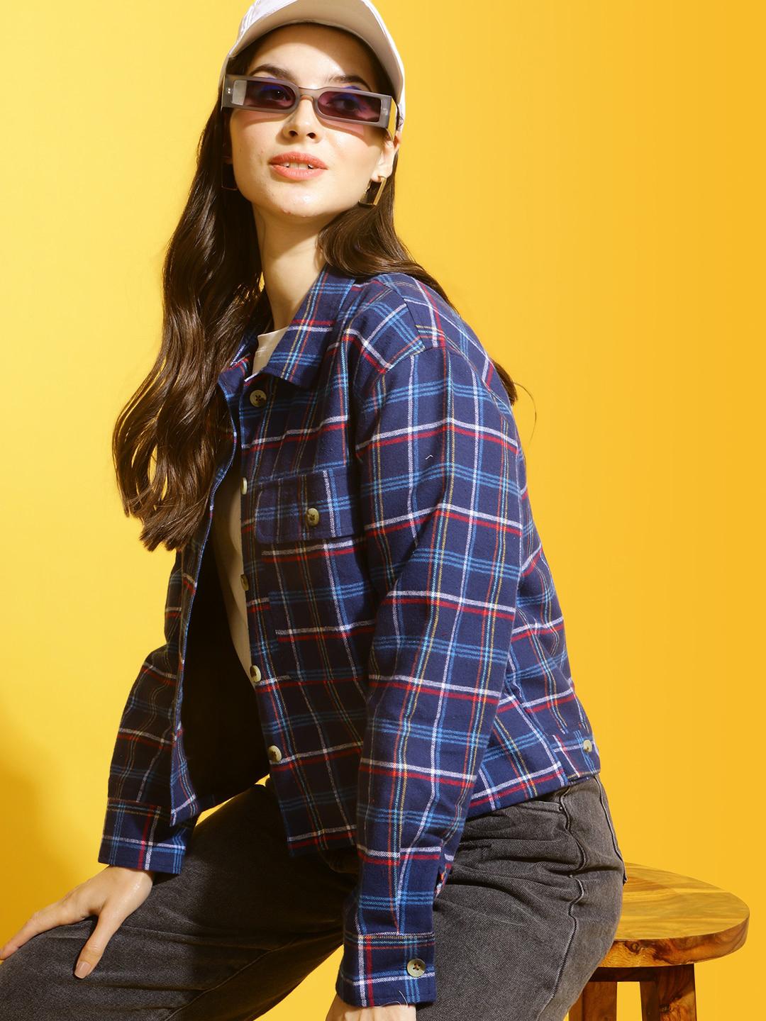 Buy Mast & Harbour Navy Blue Tartan Checked Spread Collar Cotton Casual ...