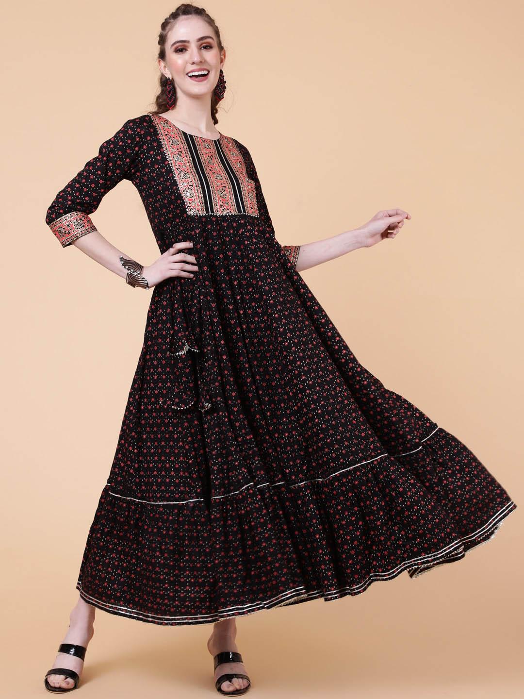 Buy KIMAYRA Floral Printed Gotta Patti Fit & Flare Maxi Ethnic Dress ...