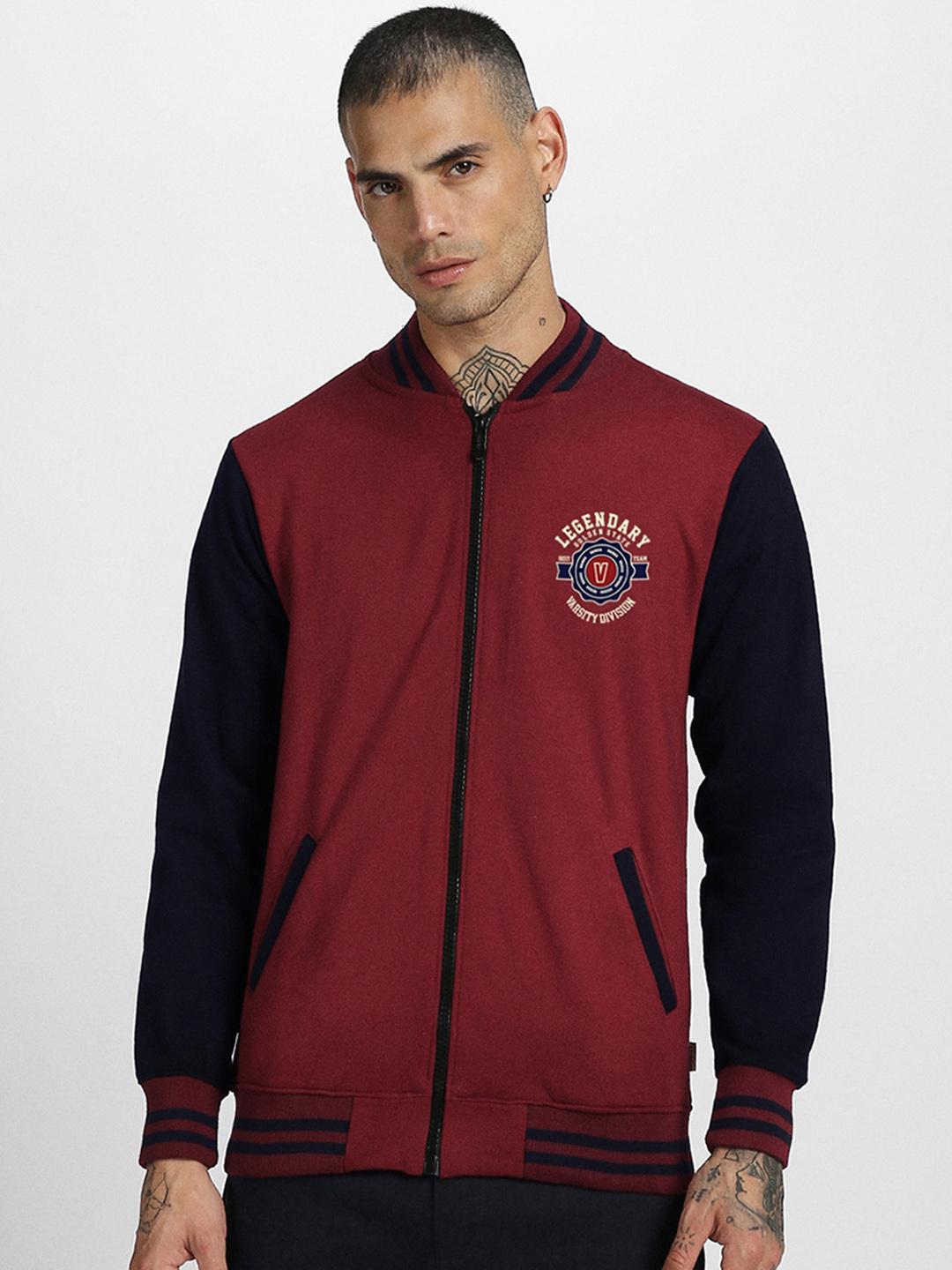 Buy VEIRDO Blue & Maroon Colourblocked Stand Collar Fleece Bomber ...