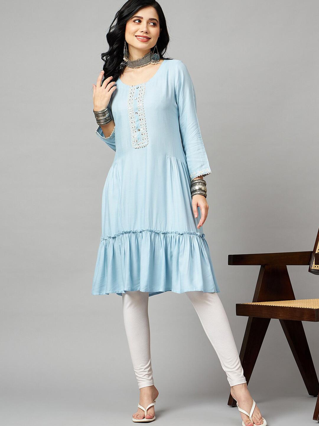 Buy HERE&NOW Round Neck Mirror Work A Line Kurta - Kurtas for Women ...