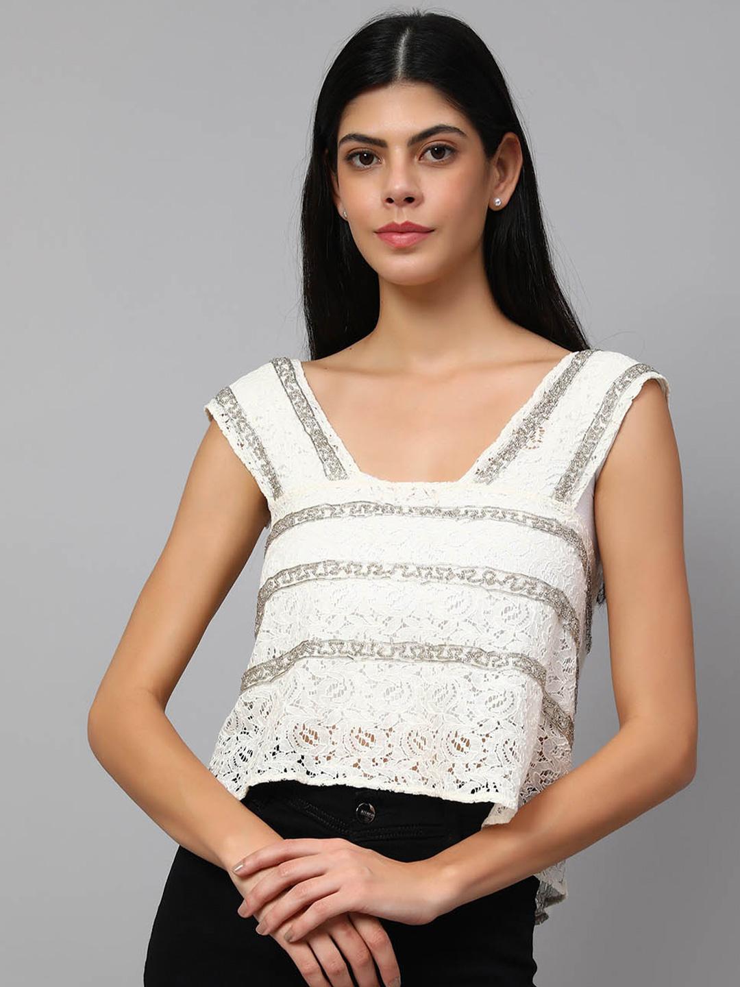 Buy Amagyaa Self Design Square Neck Embroidered Detailed Lace Crop Top ...