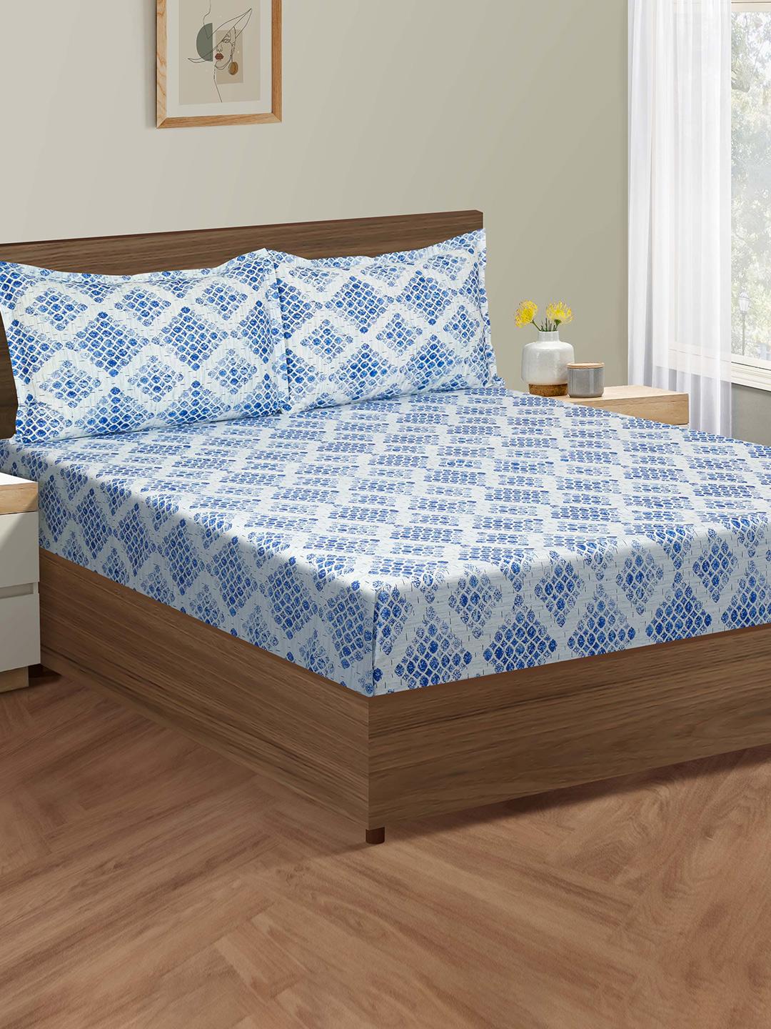 Buy SWAYAM Veda Blue Geometric Cotton 160 TC Fitted King Bedsheet With 2 Pillow Covers 182 X 198 ...