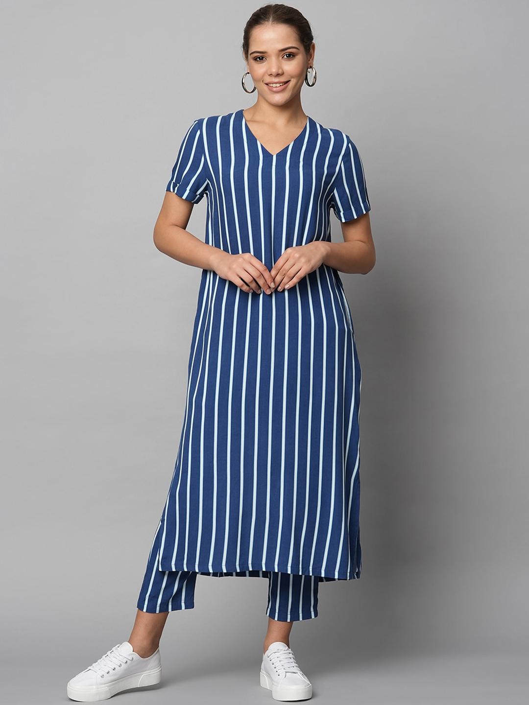 Buy Modern Indian By CHEMISTRY Striped V Neck Regular Kurta With ...