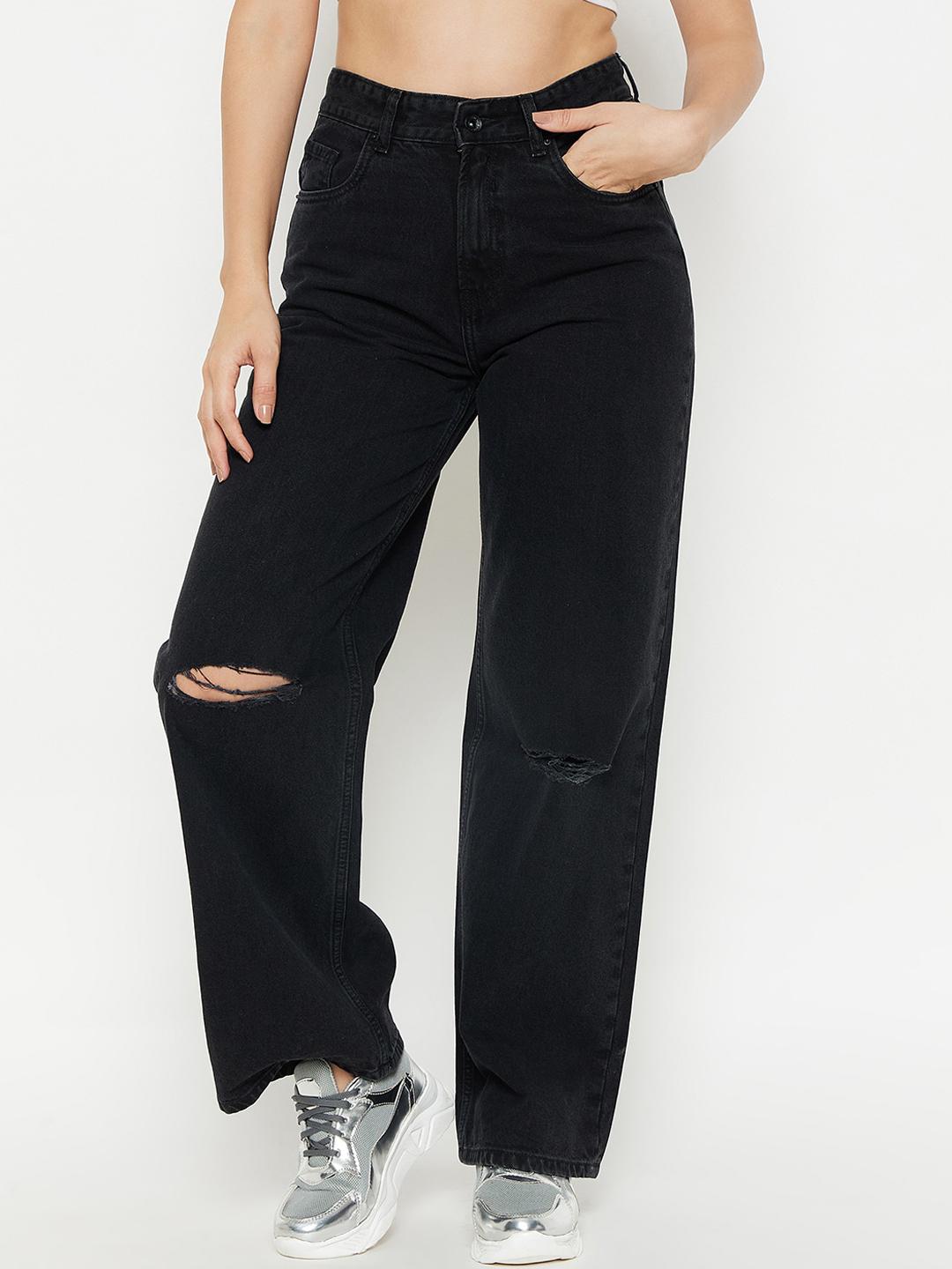 Buy Madame Women Wide Leg Slash Knee Cotton Jeans - Jeans for Women ...