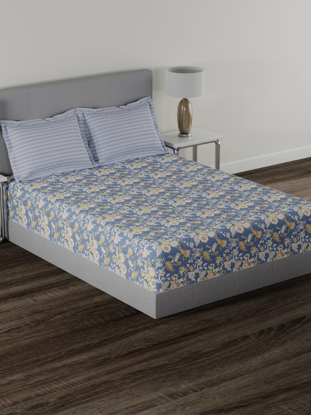 Buy TRIDENT Caroline Blue Carnival Gold Flat 144TC King Cotton Bedsheet ...
