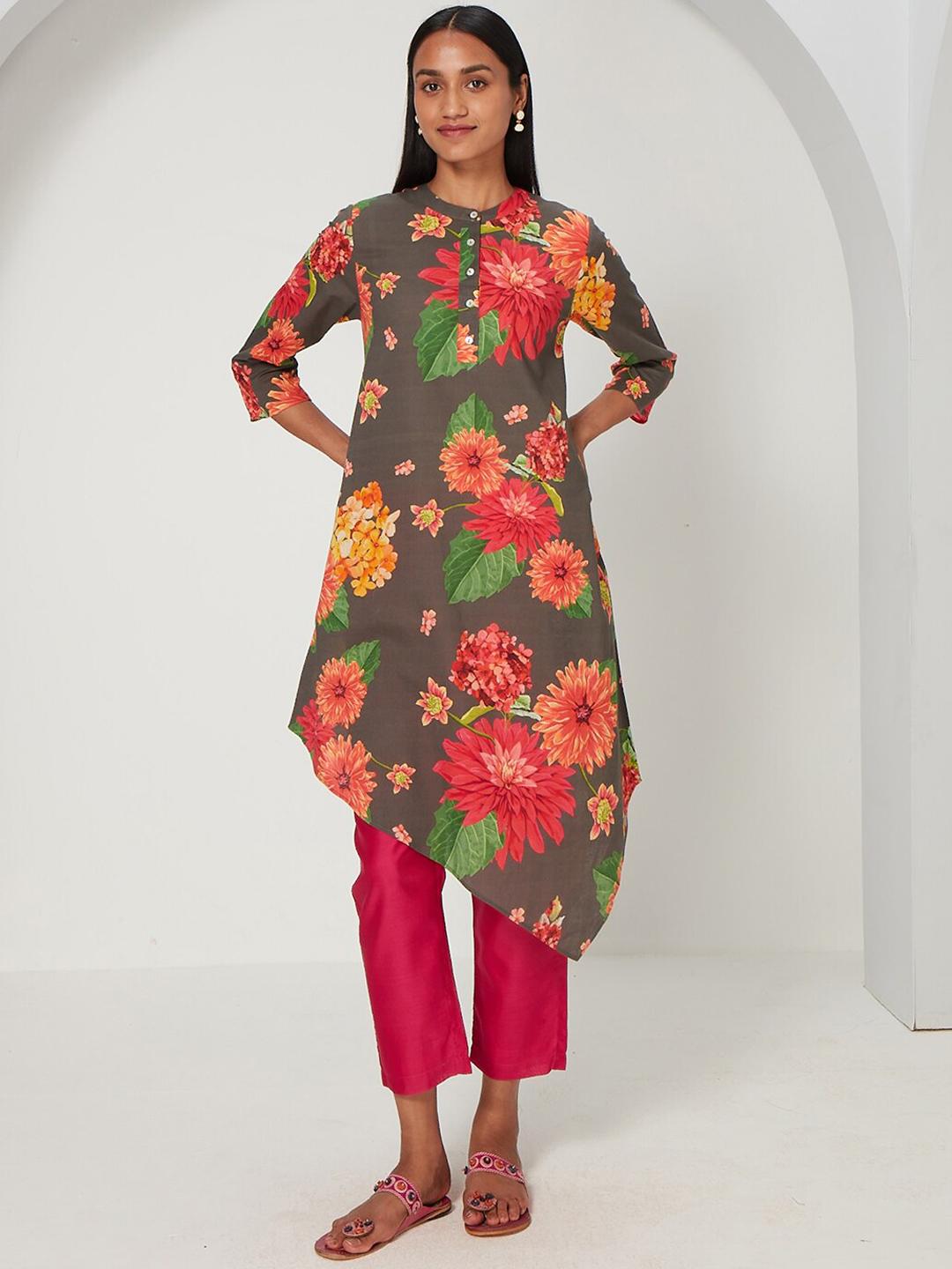 Buy Ancestry Floral Printed Band Collar Cotton A Line Kurta - Kurtas ...