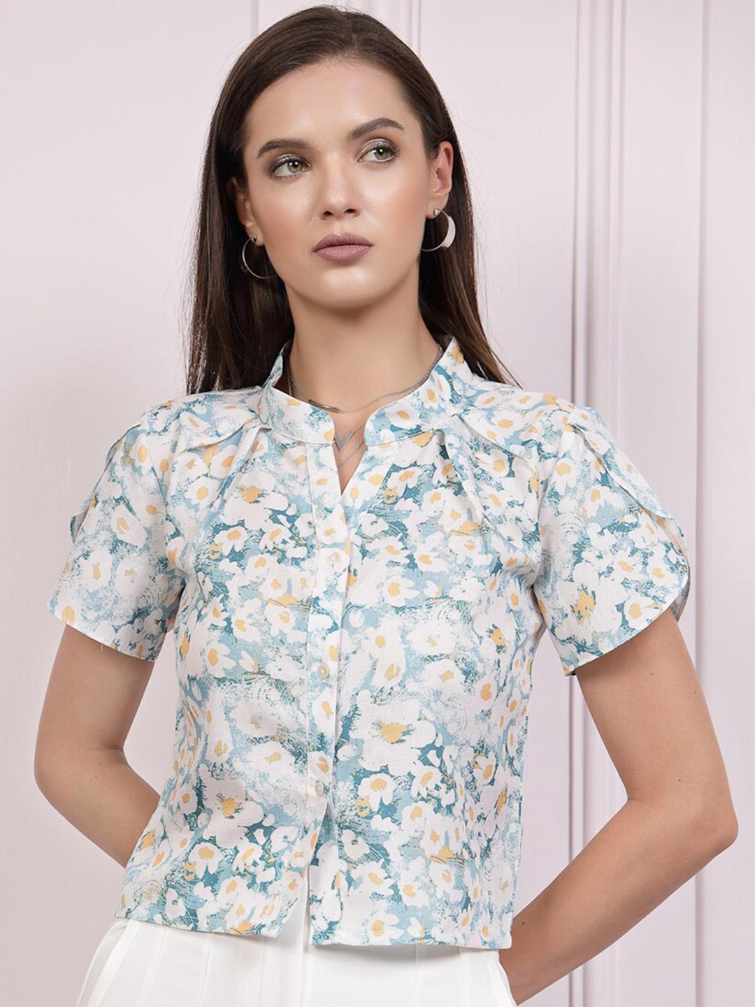 Buy Athena Immutable Floral Printed Mandarin Collar Linen Shirt Style ...