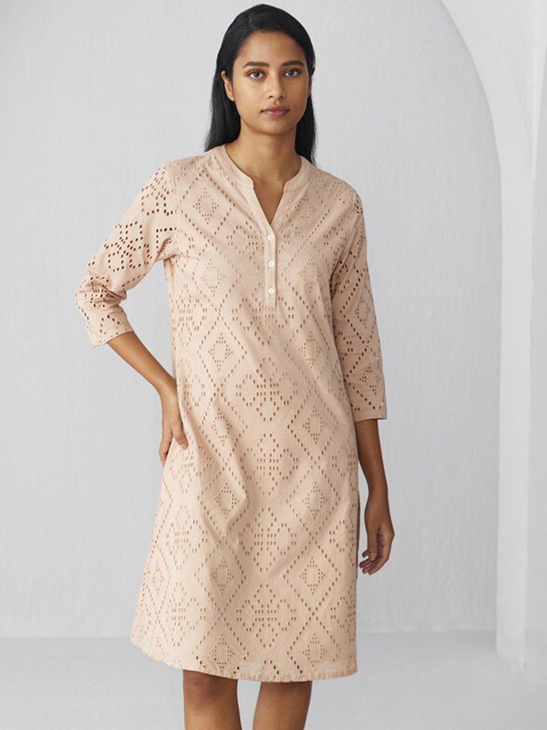 Buy Ancestry Self Design Mandarin Collar Schiffli A Line Dress ...