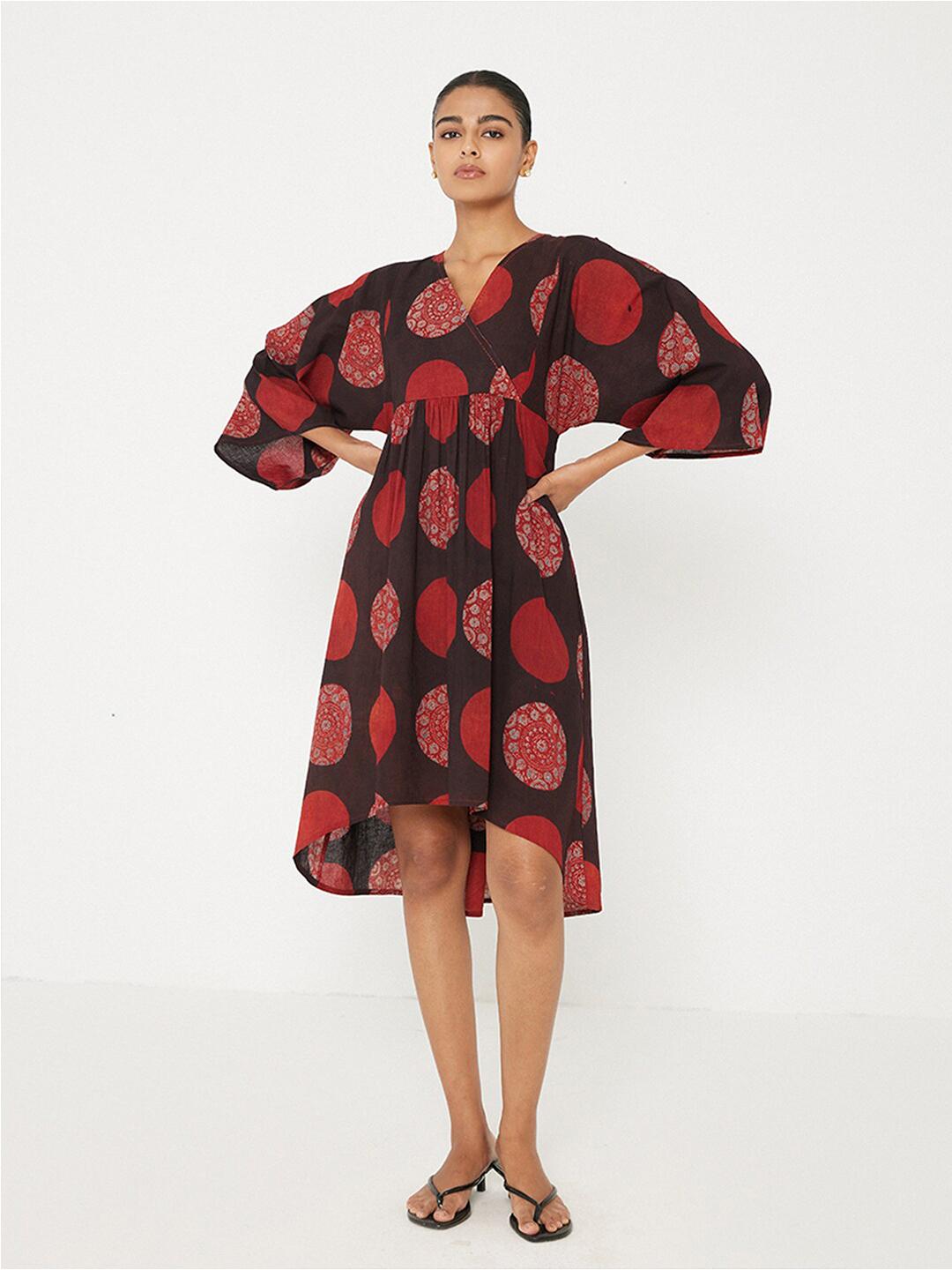Buy Ancestry Geometric Printed V Neck Flared Sleeves Cotton A Line ...