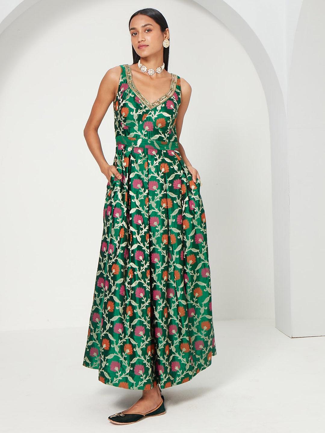 Buy Ancestry Floral Printed Shoulder Straps Brocade A Line Ethnic Dress ...