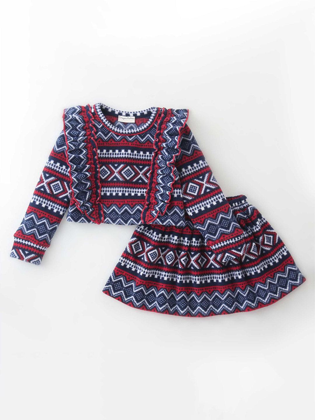 Buy CrayonFlakes Girls Polar Fleece Printed Round Neck Top With Skirt ...