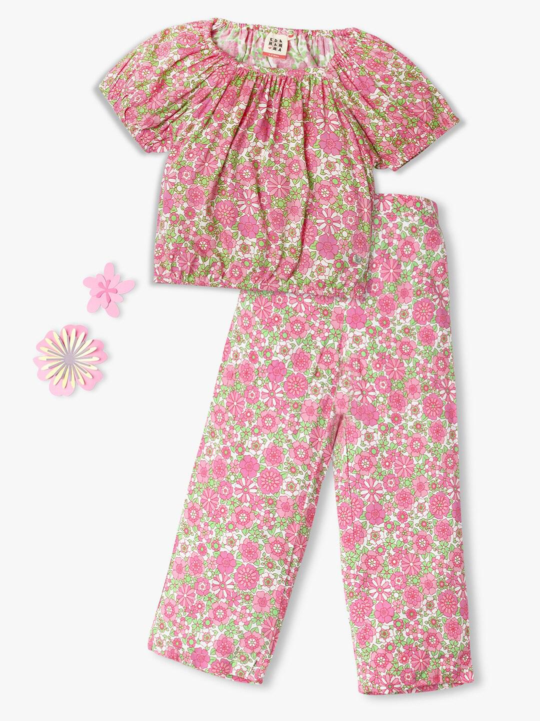 Buy Ed A Mamma Girls Floral Printed Pure Cotton Top With Trousers ...