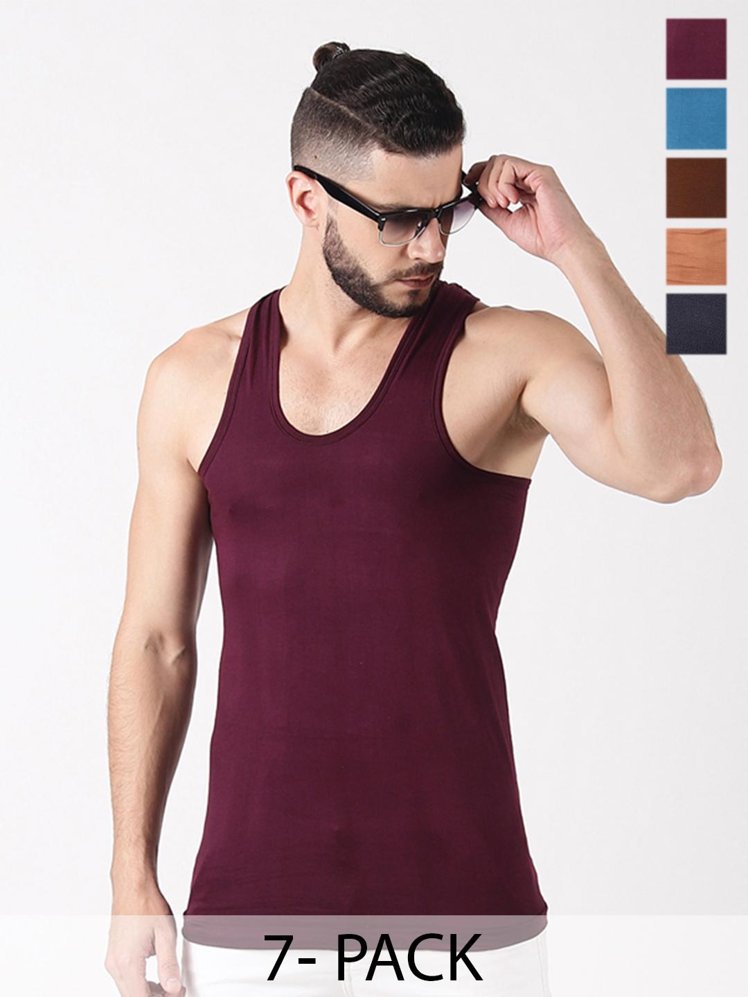 Buy Dollar Lehar Men Combed Cotton Round Neck Vest Pack Of 7 Assorted ...