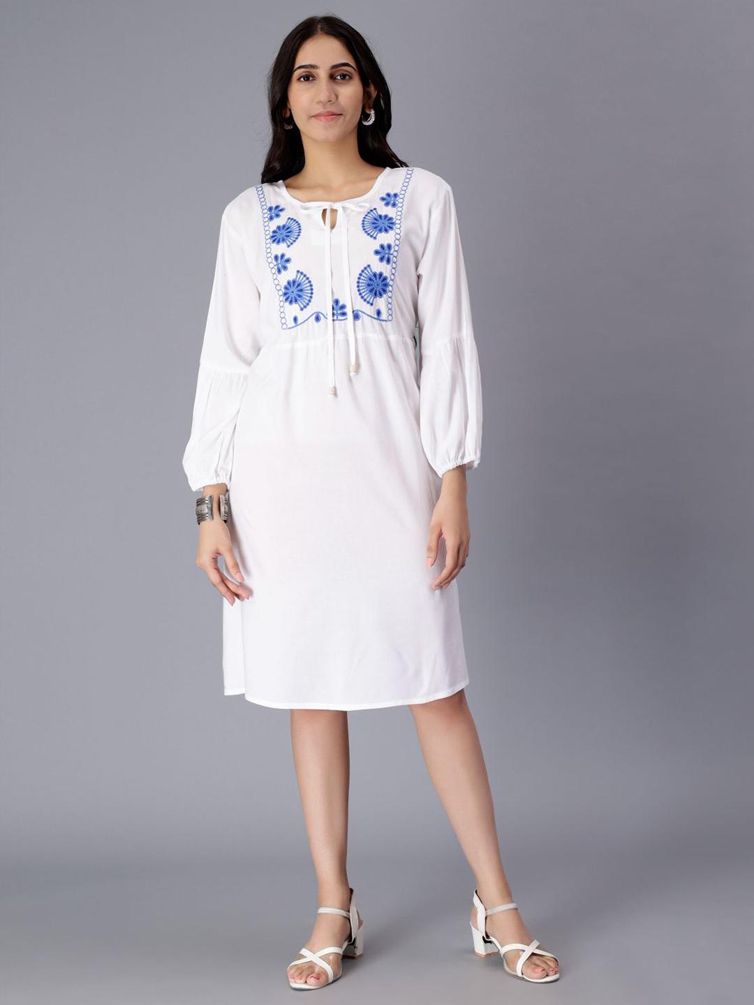 Buy SAAKAA Floral Embroidered Tie Up Neck Puff Sleeve A Line Dress ...